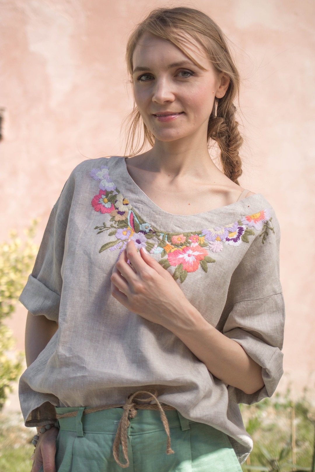 Dressy Linen Long Sleeve Top, Peasant Style Blouse With Hand ...