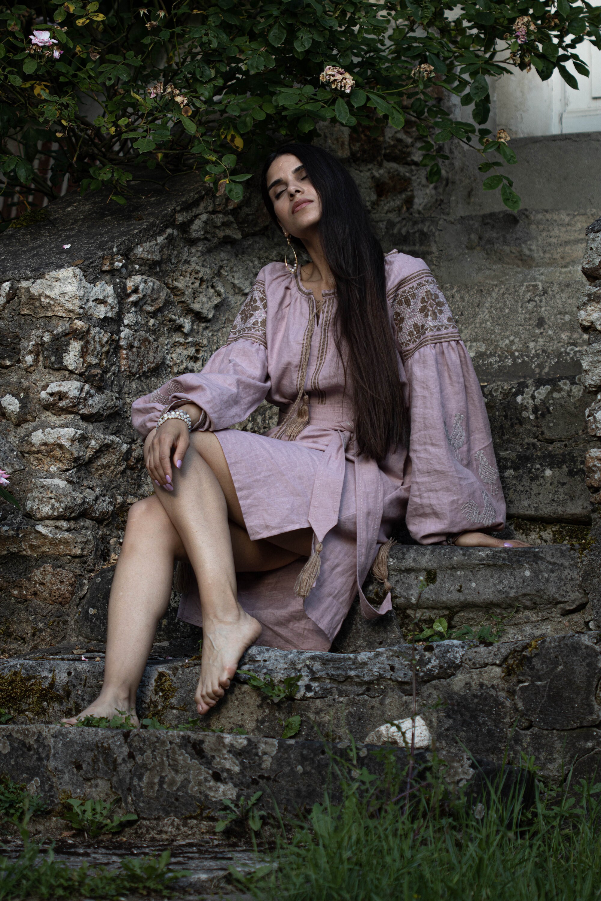 Linen Midi Embroidered Dress COCOTTE, Balloon Sleeve Dress in Linen ...