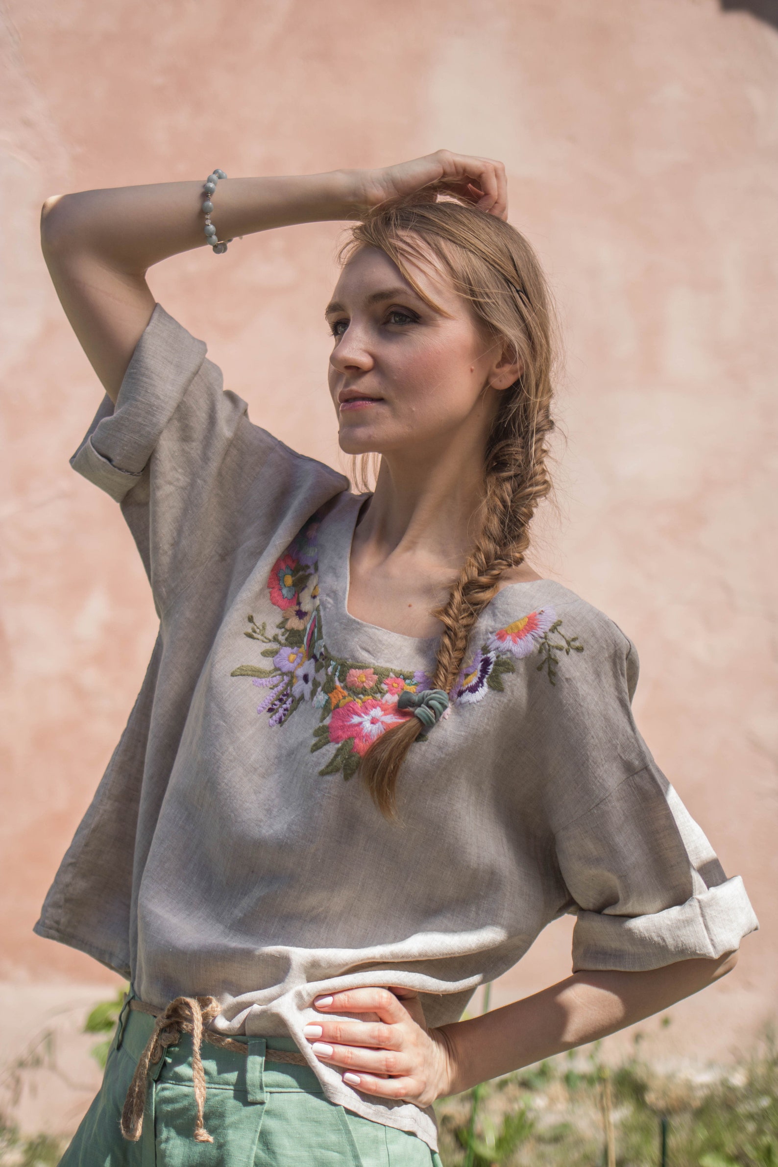 Dressy Linen Long Sleeve Top, Peasant Style Blouse With Hand ...