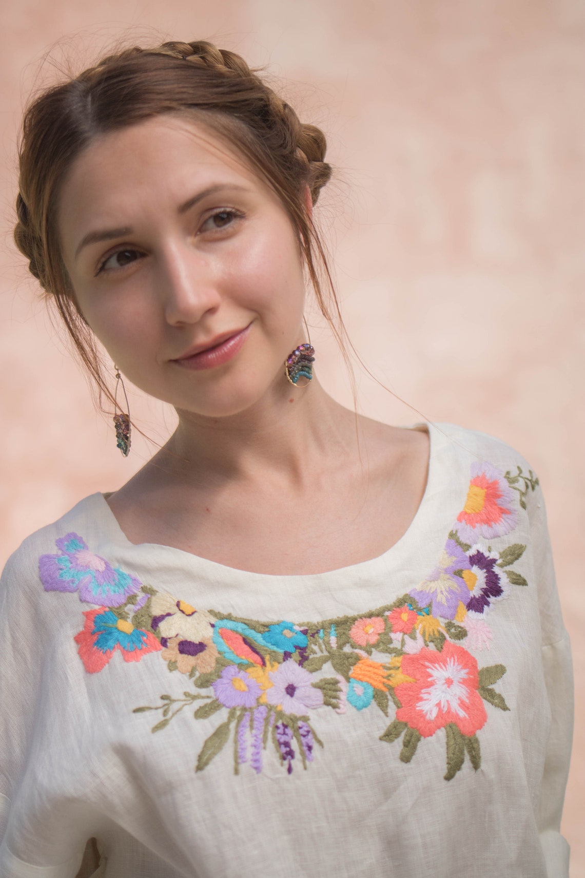Dressy Linen Long Sleeve Top, Peasant Style Blouse With Hand ...