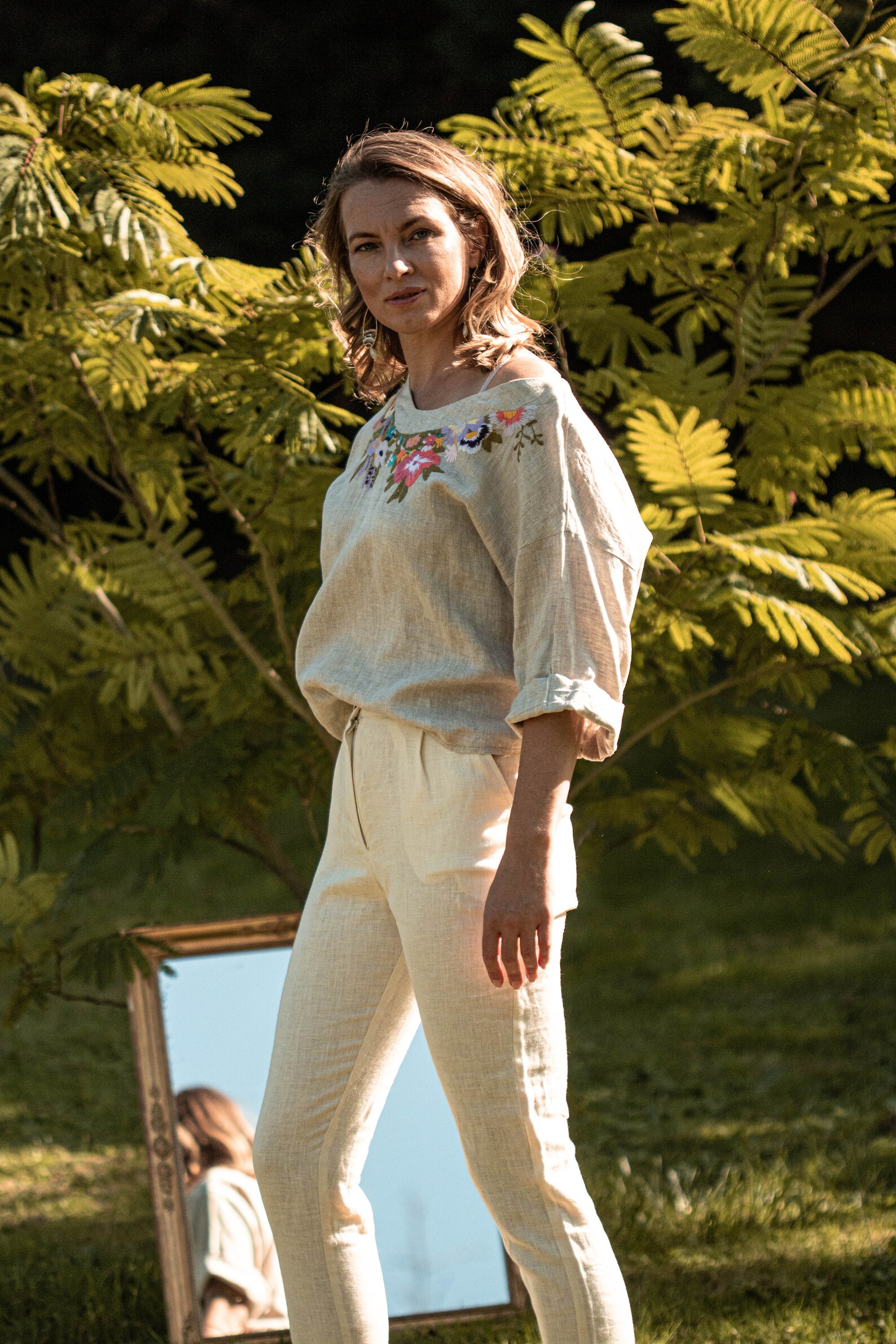 Dressy Linen Long Sleeve Top, Peasant Style Blouse With Hand ...