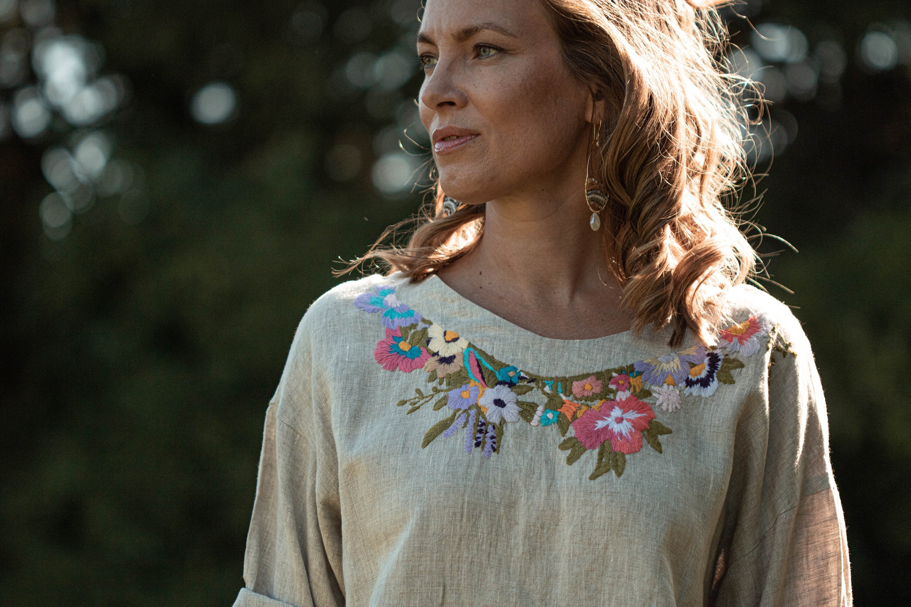 Dressy Linen Long Sleeve Top, Peasant Style Blouse With Hand ...