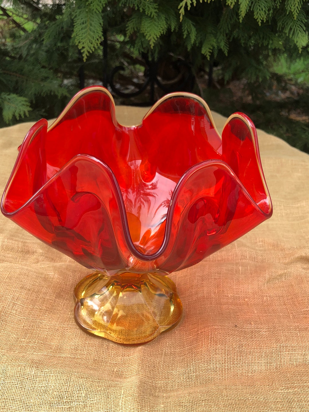 Vintage Red Footed Bowl - L.E. Smith - 6 Petal Compote in Persimmon and ...