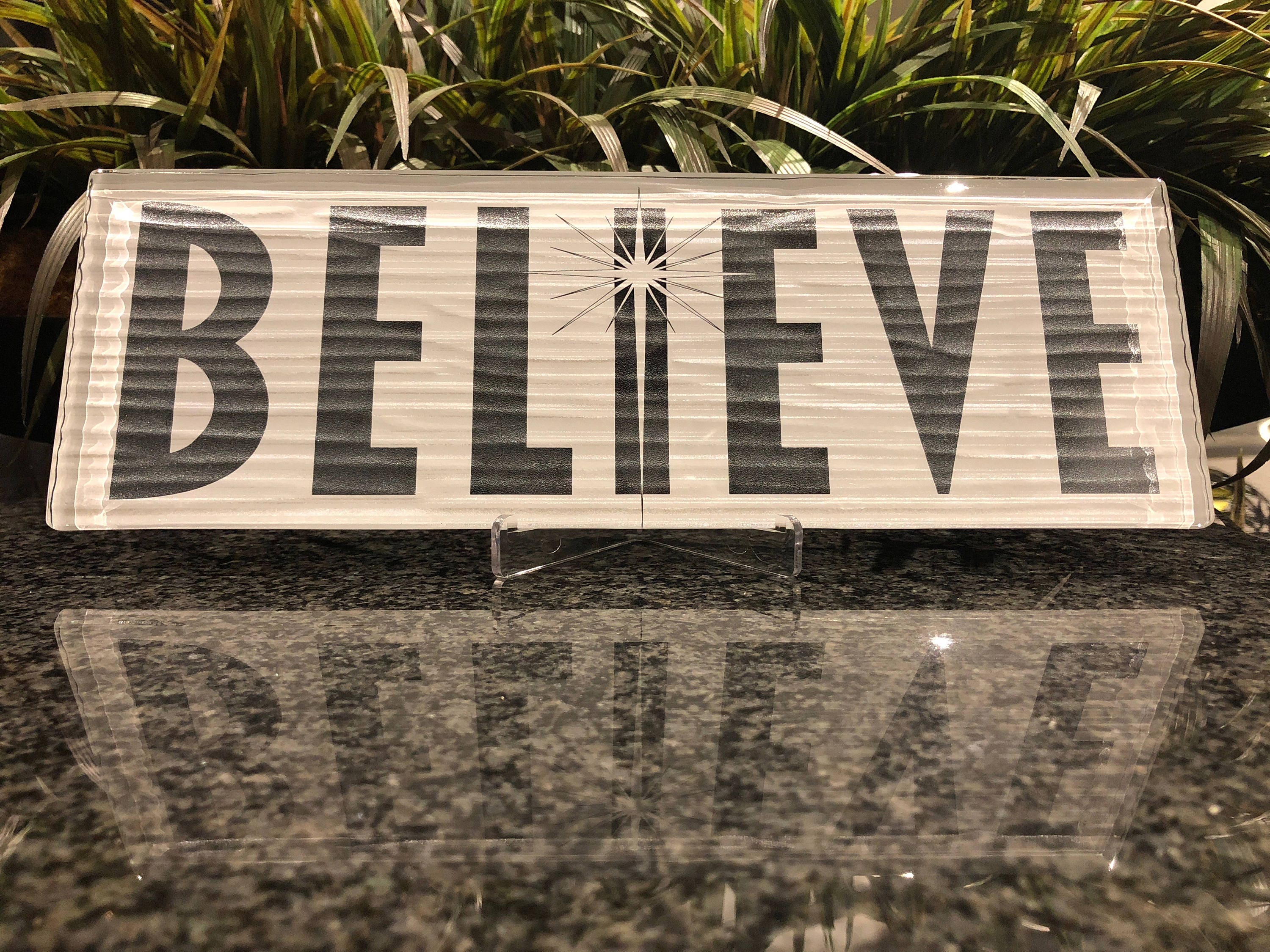 Glass Sign - Engraved and Painted - "believe" With Nativity Star - Etsy
