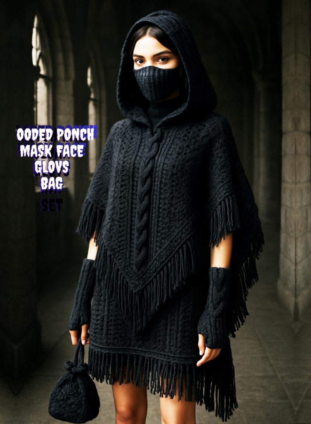 Gothic Hooded Crochet Poncho With Mask, Gloves & Bag – Witchcore Gothic ...