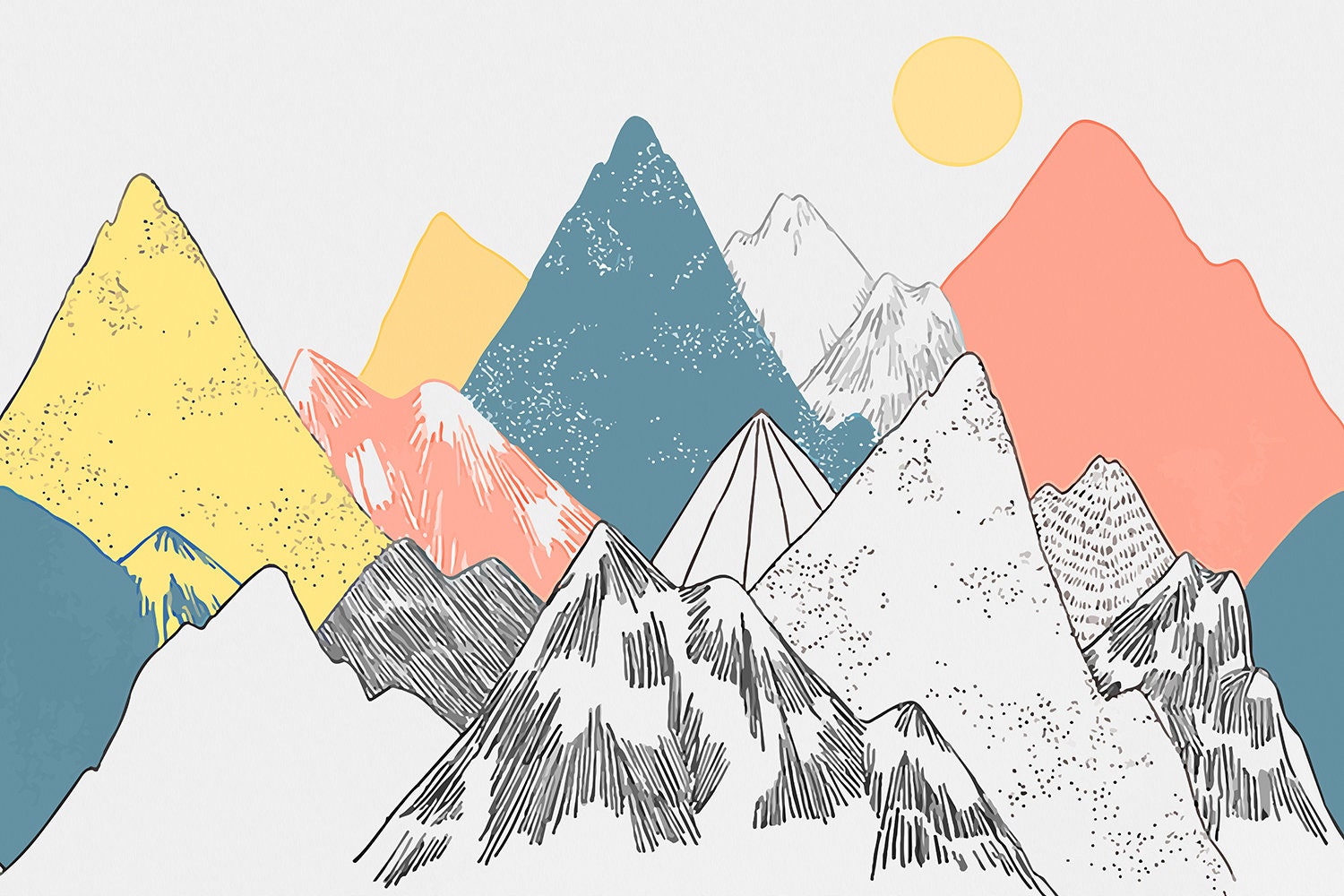 Hand Painted Colorful Mountain With Yellow Sun Kids Bedroom | Etsy