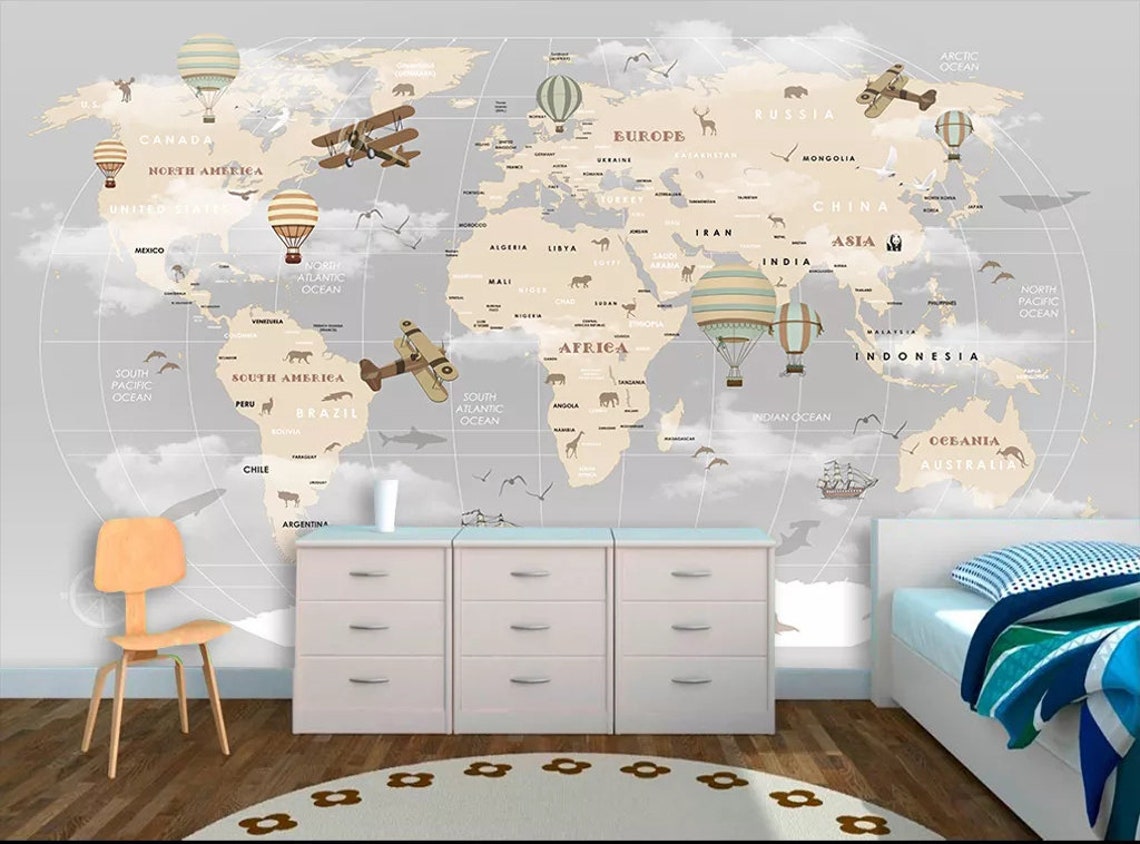Vintage Map Wall Art Airplane and Hot Air Balloon World Map - Etsy