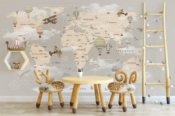 Vintage Map Wall Art Airplane and Hot Air Balloon World Map - Etsy
