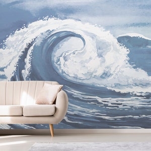 Watercolor Hand Drawn Ocean Wave Removable Fabric Wallpaper，peel and ...