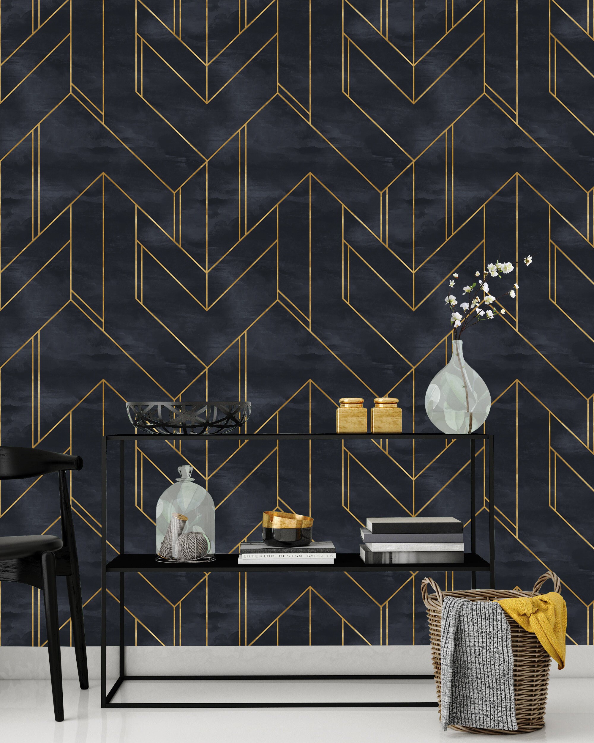 Removable Wallpaper Gold and Navy Blue Geometric Peel & Stick | Etsy