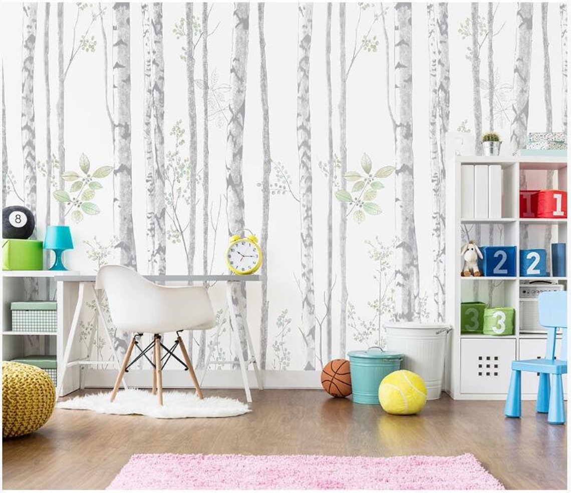Hand Drawn Woods Birch Tree Wallpaper Removable Wall Mural - Etsy