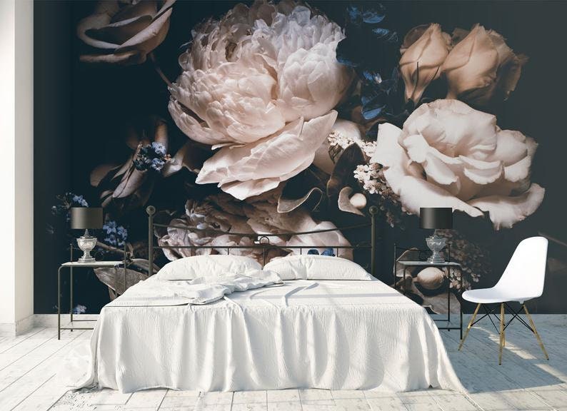 Removable Wallpaper Dark Floral Wallpaper Vintage Rose Peony | Etsy