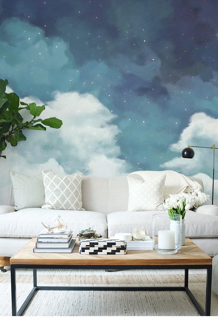 Removable Fabric Clouds Wallpaper Fantastic Starry Sky Mural | Etsy