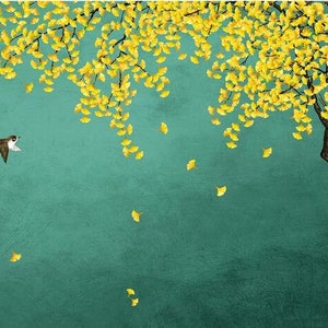 Ginkgo Tree and Ginkgo Birds Removable Wall Fabric Wallpaper Peel and ...