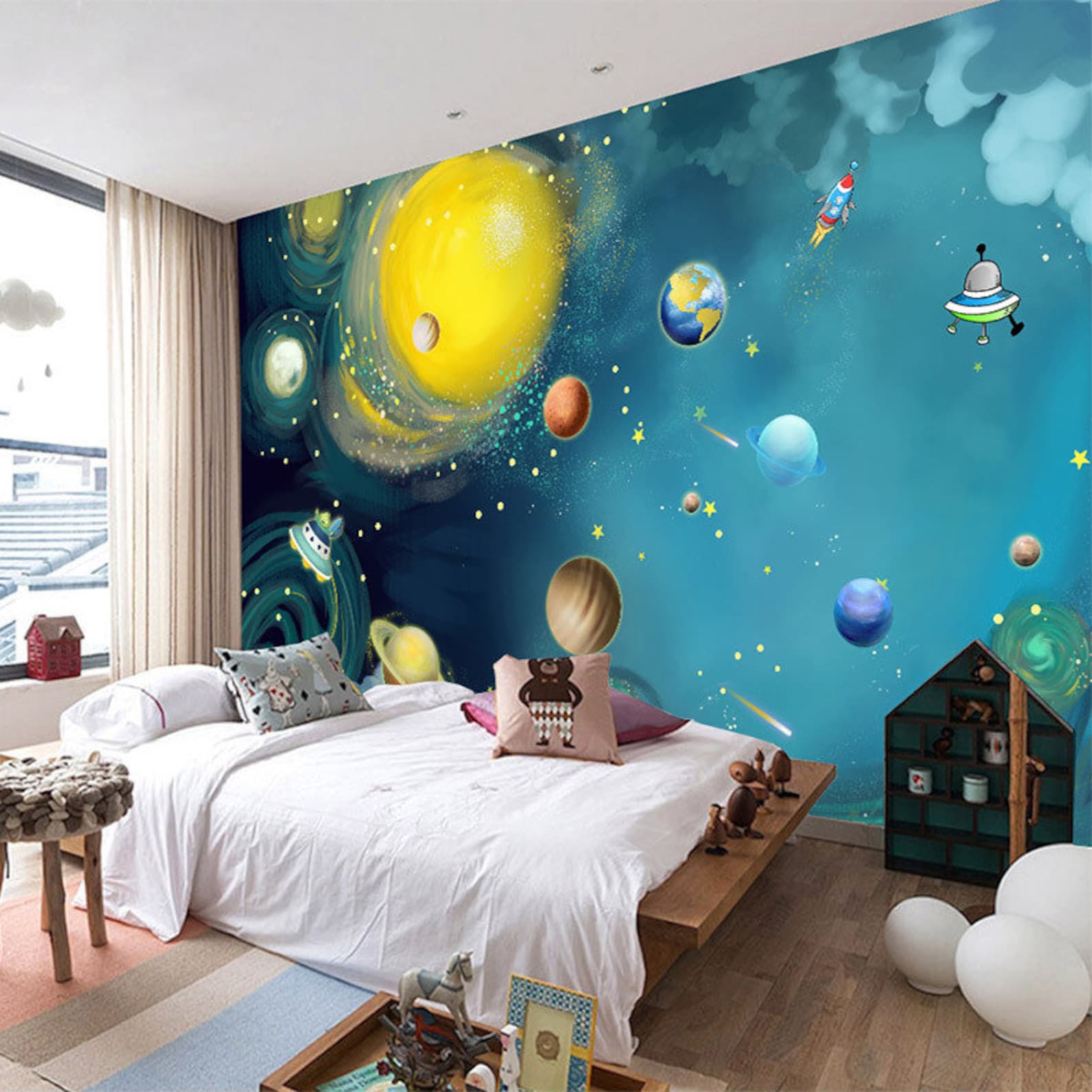 Hand-painted Cartoon Universe Starry Sky Wallpaper Space Kids - Etsy