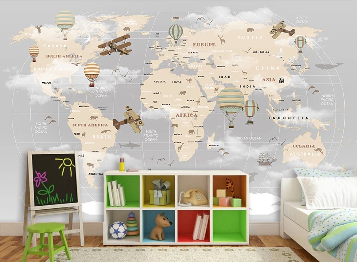 Vintage Map Wall Art Airplane and Hot Air Balloon World Map - Etsy