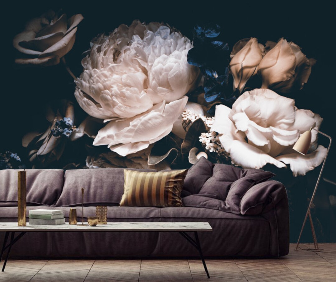 Removable Wallpaper Dark Floral Wallpaper Vintage Rose Peony Bouquet ...