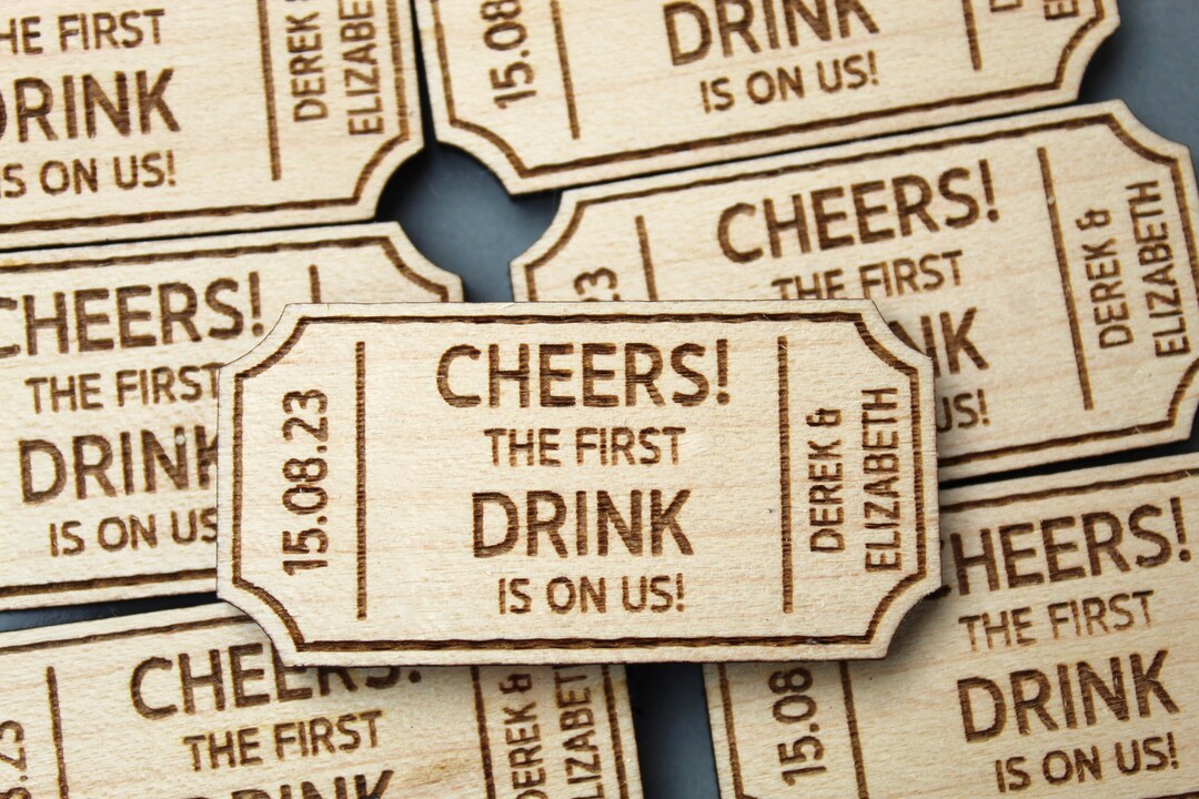The First Drink is on Us Wedding Drink Token Retro Personalised Wooden ...