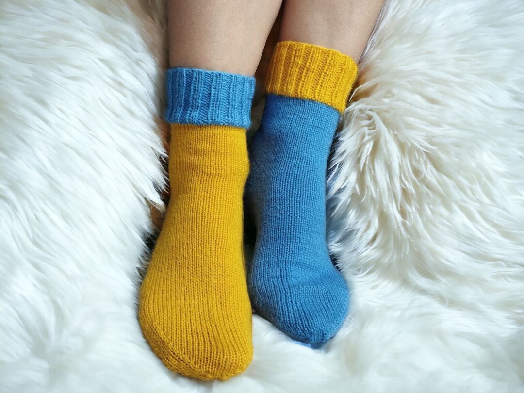 Hand-knitted Cute Yellow and Blue Woolen Socks Mix and Match Unisex ...