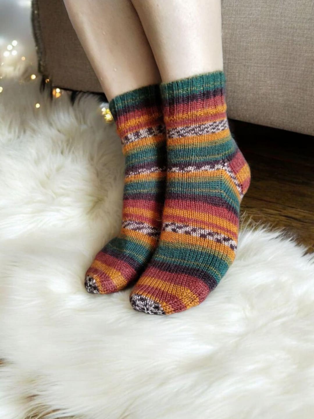 Hand-knit Cozy Harvest Stripe Socks - Warm Autumn/winter Footwear ...