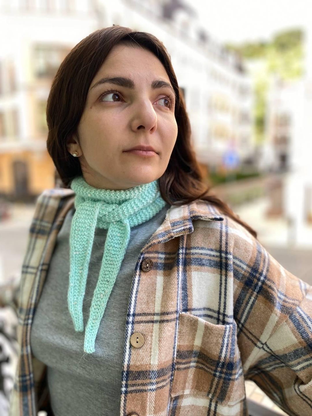 Menthol Knit Triangle Scarf With Sequins – Hand Knitted Small Wool ...