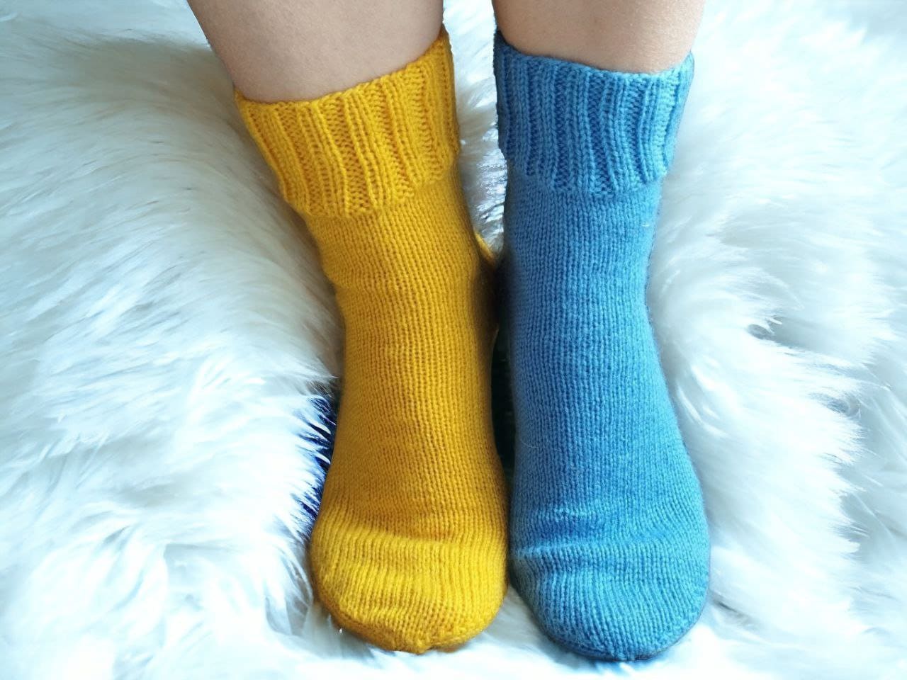 Cute Hand-knitted Mismatched Yellow and Blue Woolen Socks, Artisanal ...