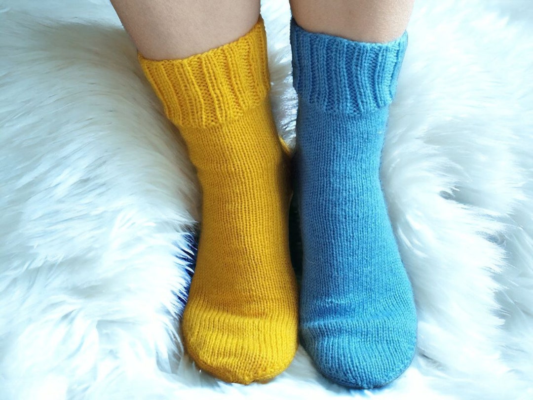 Hand-knitted Yellow and Blue Woolen Socks Mismatched Socks Authentic ...