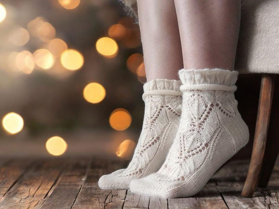 White Hand-knitted Frilly Socks, Warm Holiday Gift for Her, Cozy ...