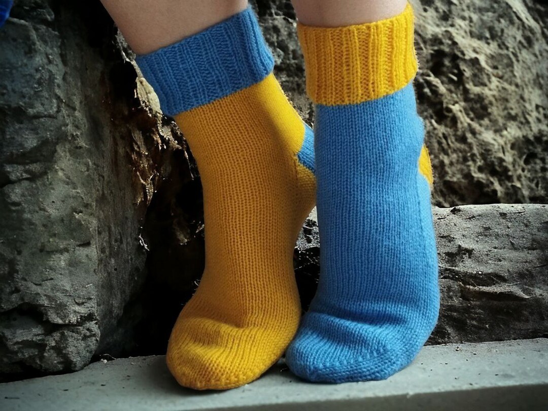 Hand-knitted Yellow and Blue Woolen Socks Mix and Match Unisex Comfort ...