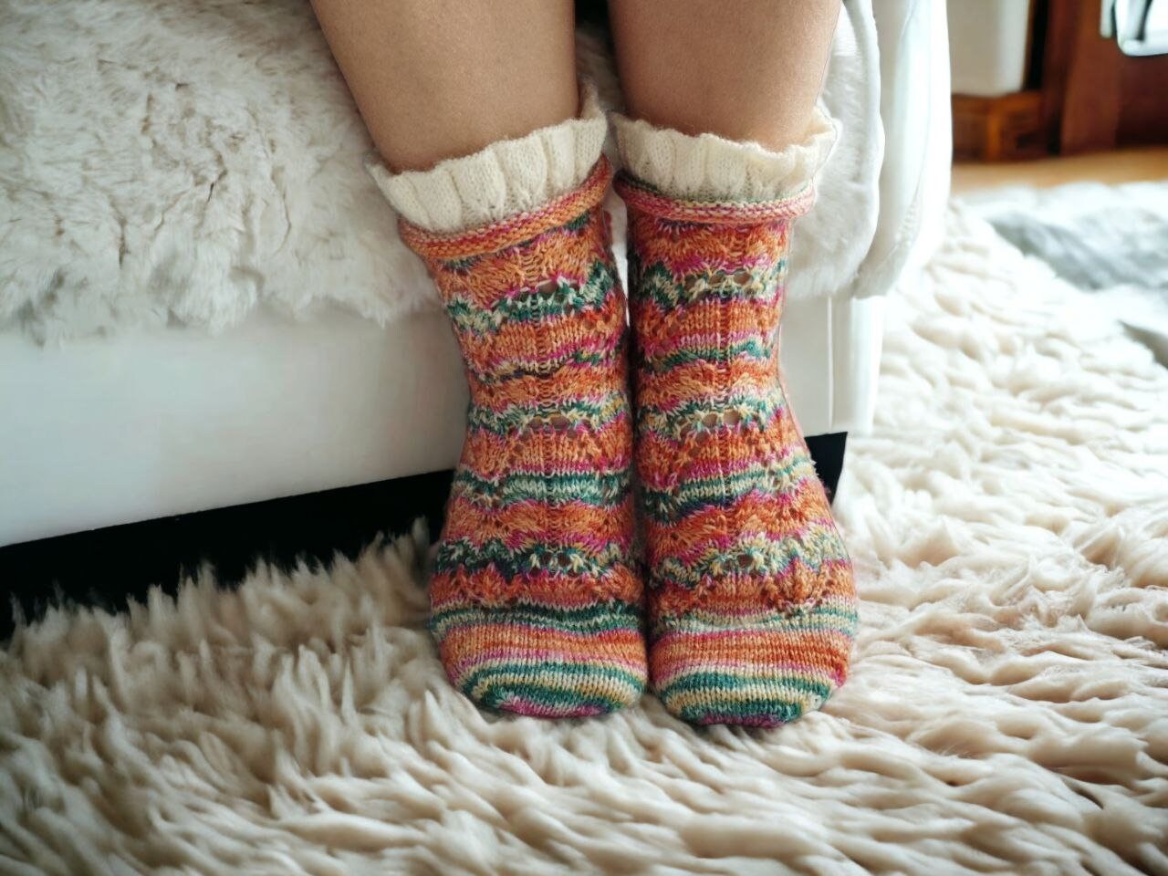 Cozy Hand-knitted Wool Socks With Multicolor Design and White Frill Elegant Ruffled Socks Warm ...