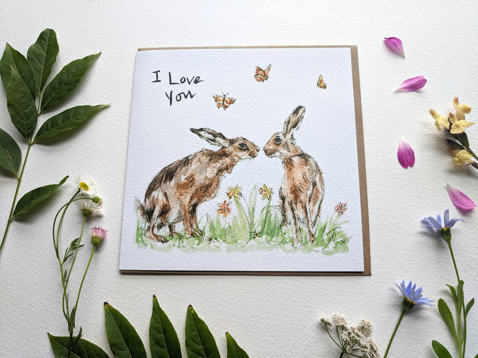 I Love You Hares and Butterflies Watercolour Blank Greeting - Etsy