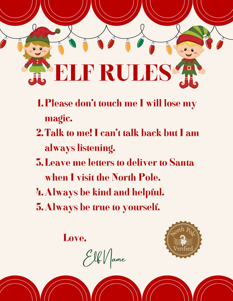 Editable Elf Rules to Follow Elf Arrival Rules Elf No Touching Elf Sign ...