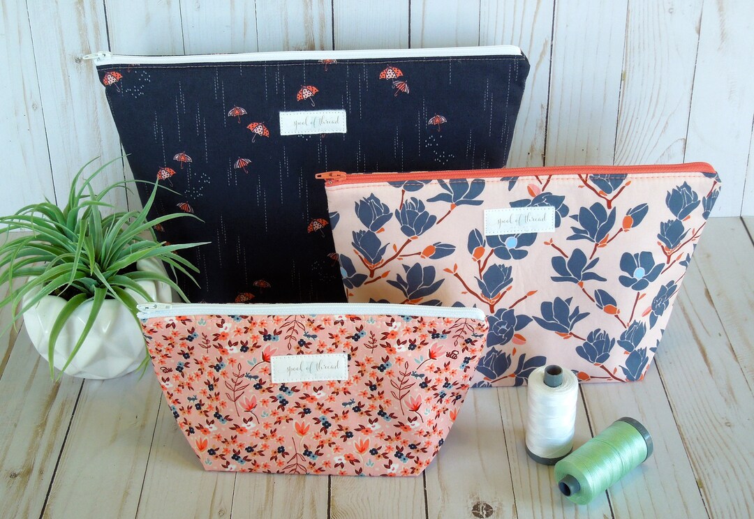 Floral Cotton Cosmetic Bag Set: Wide Open Zip Travel Pouches - Etsy