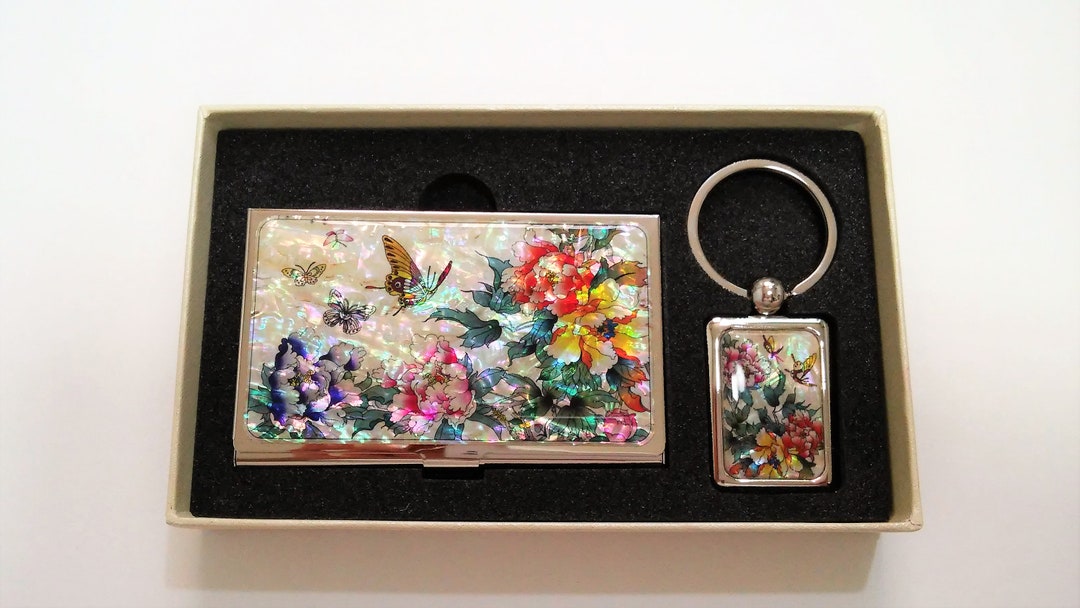 Business Card Case Key Ring Set: Mother of Pearl Stainless Steel Peony ...