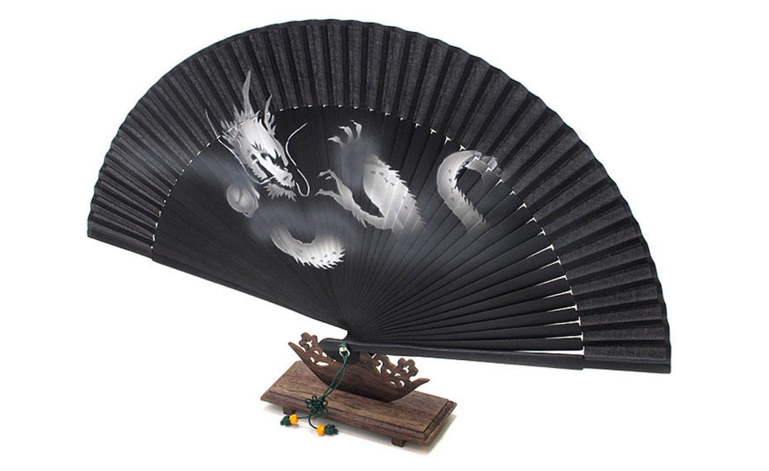 Folding Hand Fan With Tassel, Silk Folding Fan, Black and White, Dragon ...