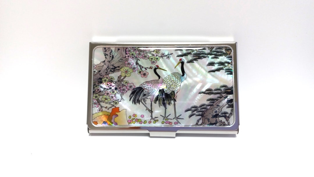 Mother of Pearl Business Card Case: Cherry Blossom Crane Design ...