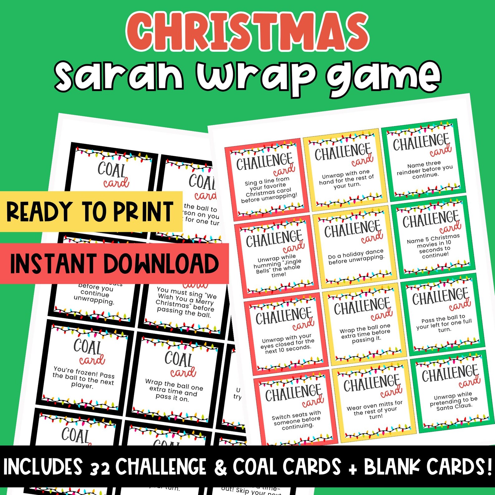 Christmas Saran Wrap Game With Challenge and Coal Cards - Christmas ...