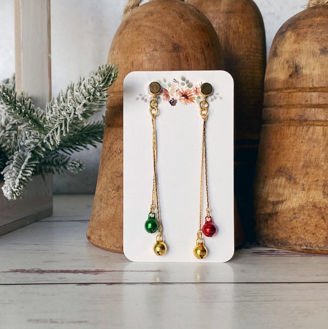 Dangle Jingle Bell Red, Green, Silver or Gold Chain Christmas Earrings ...