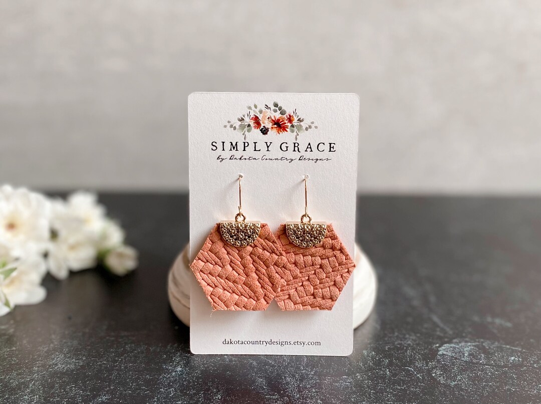Mauve Pink Genuine Embossed Leather and Gold Hexagon Boho Earrings ...