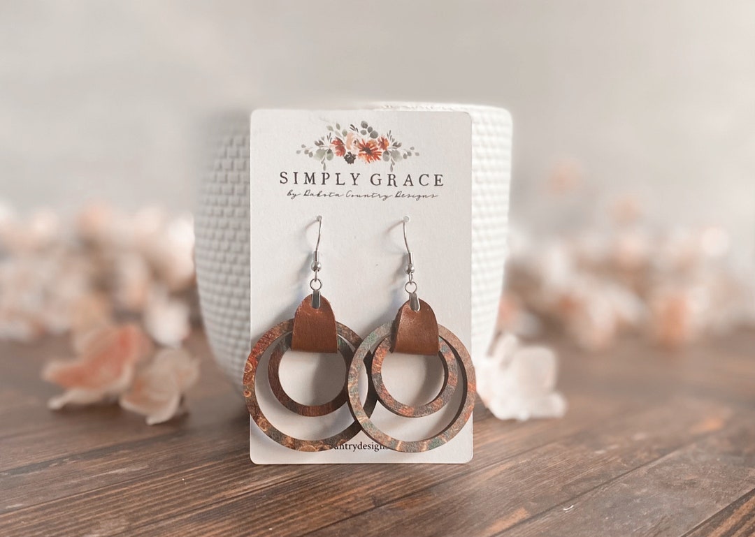 Rustic Wood Double Hoop Leather Strap Boho Earrings Teacher Gift ...