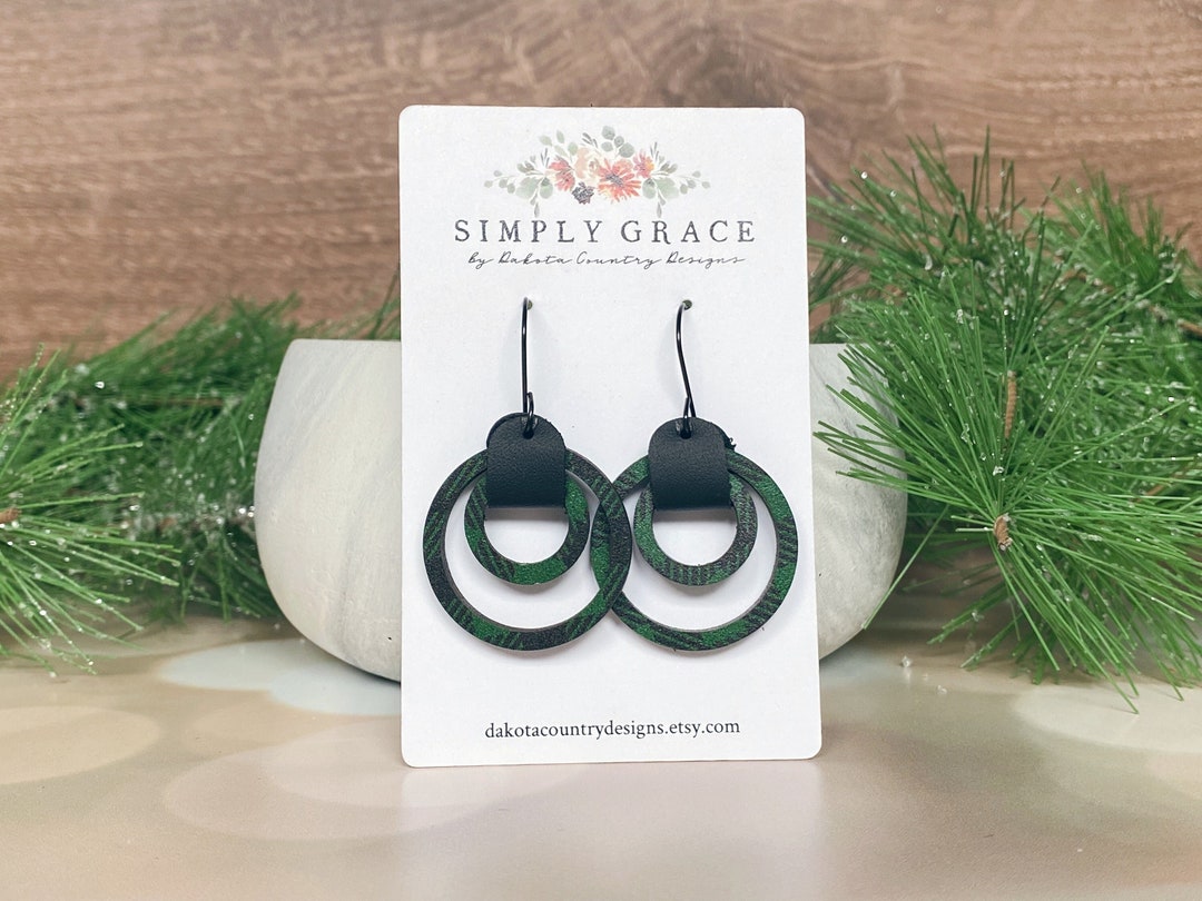 Buffalo Plaid Wood Hoop Earrings: Boho Leather Strap Earrings - Etsy