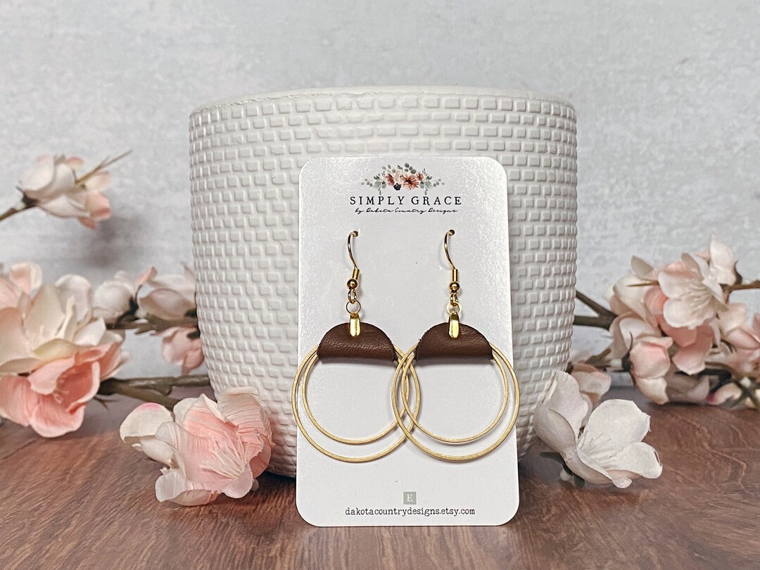 Brass Double Hoop Earrings With Leather Strap - Boho Style - Etsy
