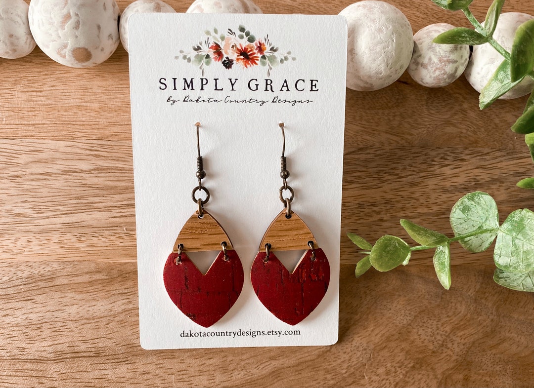 Genuine Cork Leather and Wood Crimson Red Leaf Triangle Boho Earrings ...