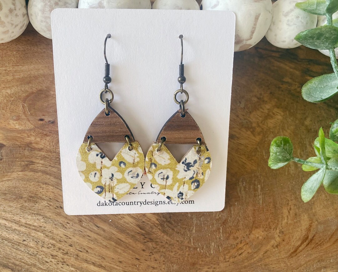 Genuine Cork Leather and Wood Mustard Floral Leaf Triangle Boho ...