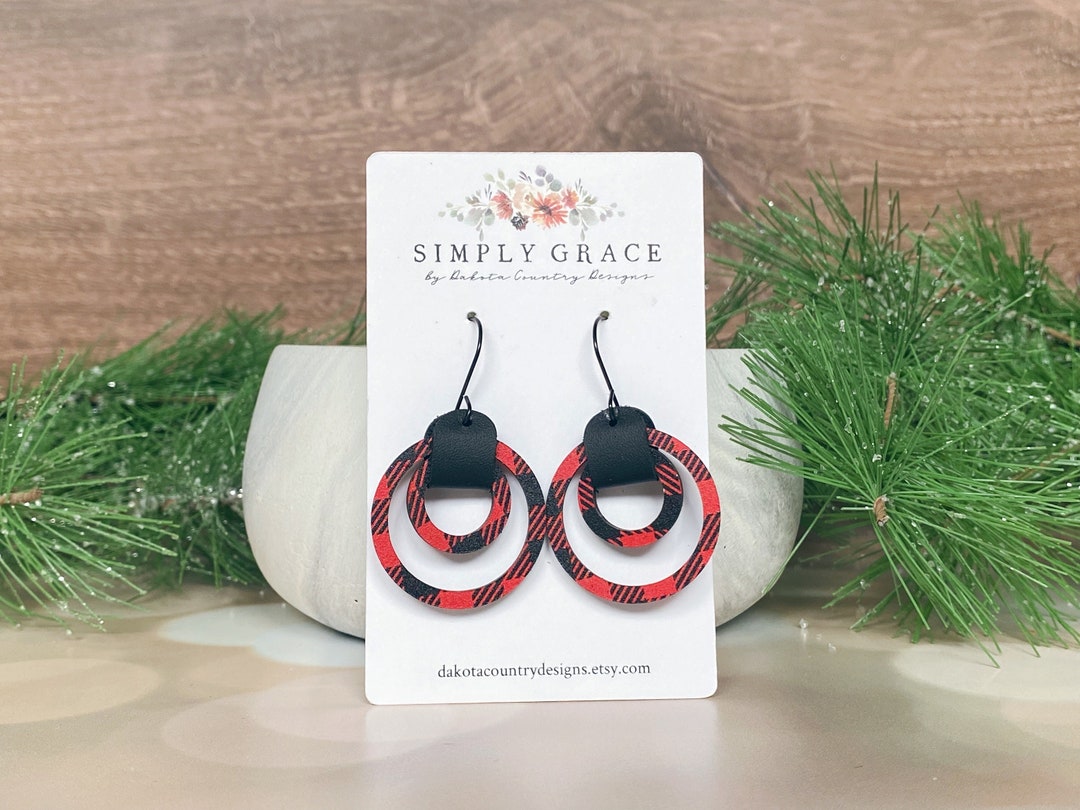 Buffalo Plaid Wood Hoop Earrings: Boho Leather Strap Earrings - Etsy
