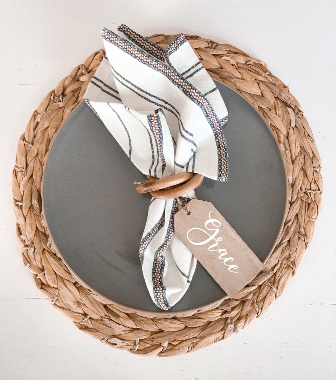 Personalized Boho Farmhouse Place Setting Wood Name Tag Napkin Ring for ...
