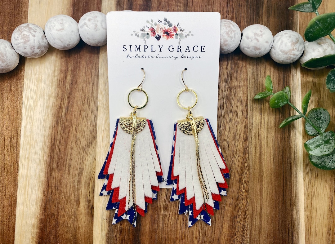 Genuine Leather Fringe Red White Blue Stars Patriotic Boho Earrings ...