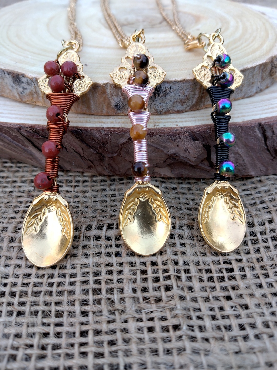 Mini Spoon Necklace With Genuine Stone Beads, Hand Wire Wrapped Tiny ...