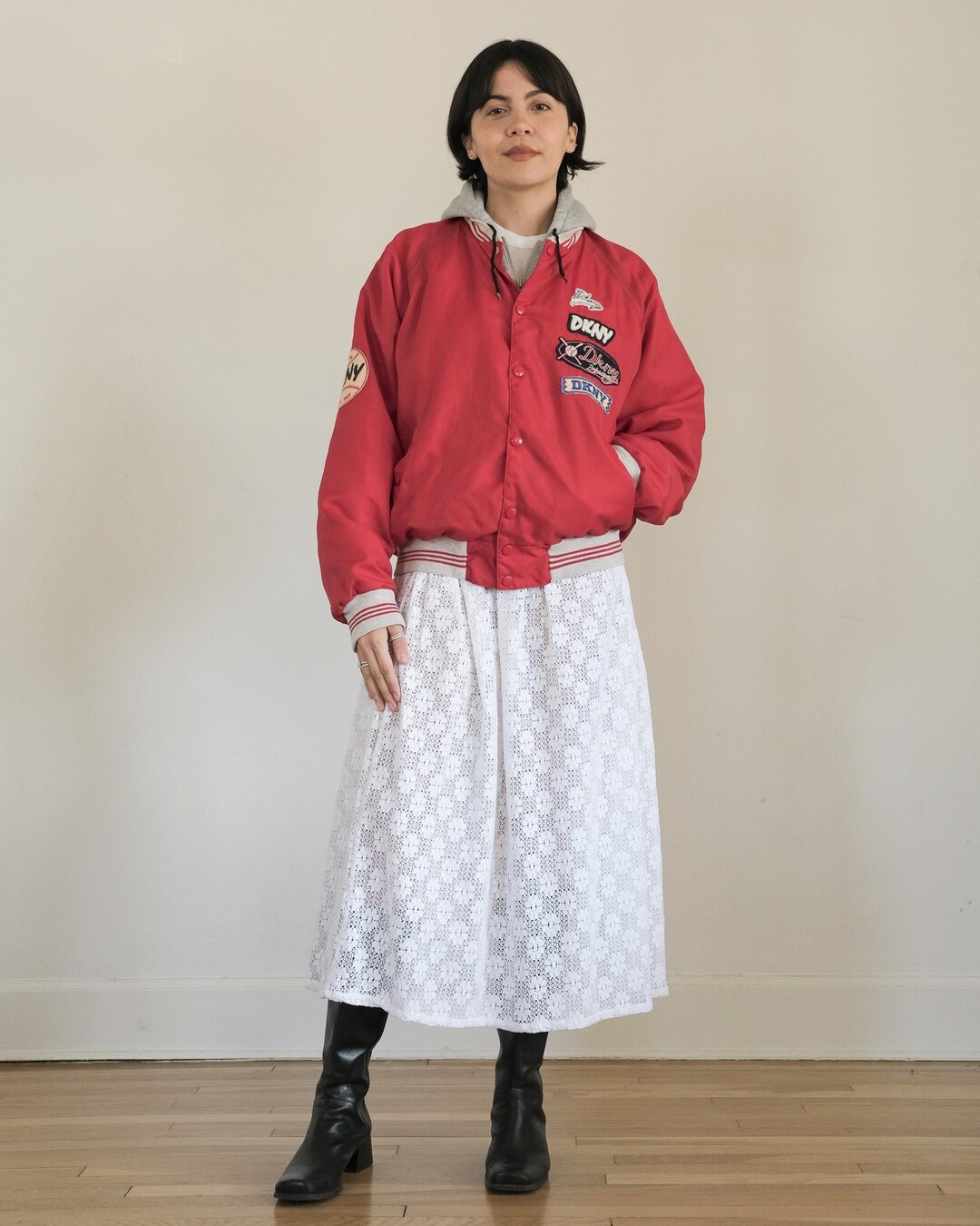 DKNY Letterman Jacket 80s 90s Y2k Vintage Red Nylon Cotton Varsity ...