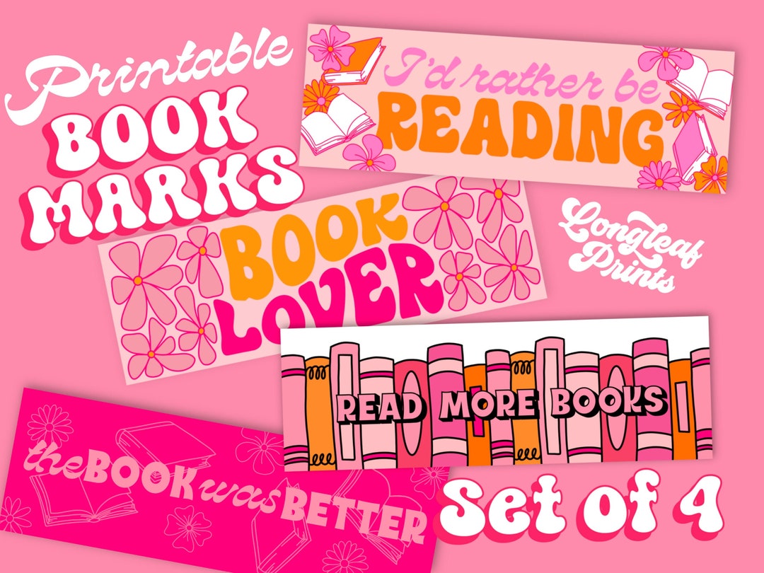Set of 4 Retro Pink Printable Bookmarks Digital Download File - Etsy